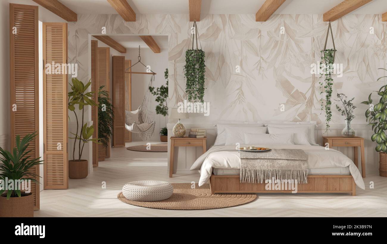 Bohemian wooden bedroom in boho style in white and beige tones. Double ...