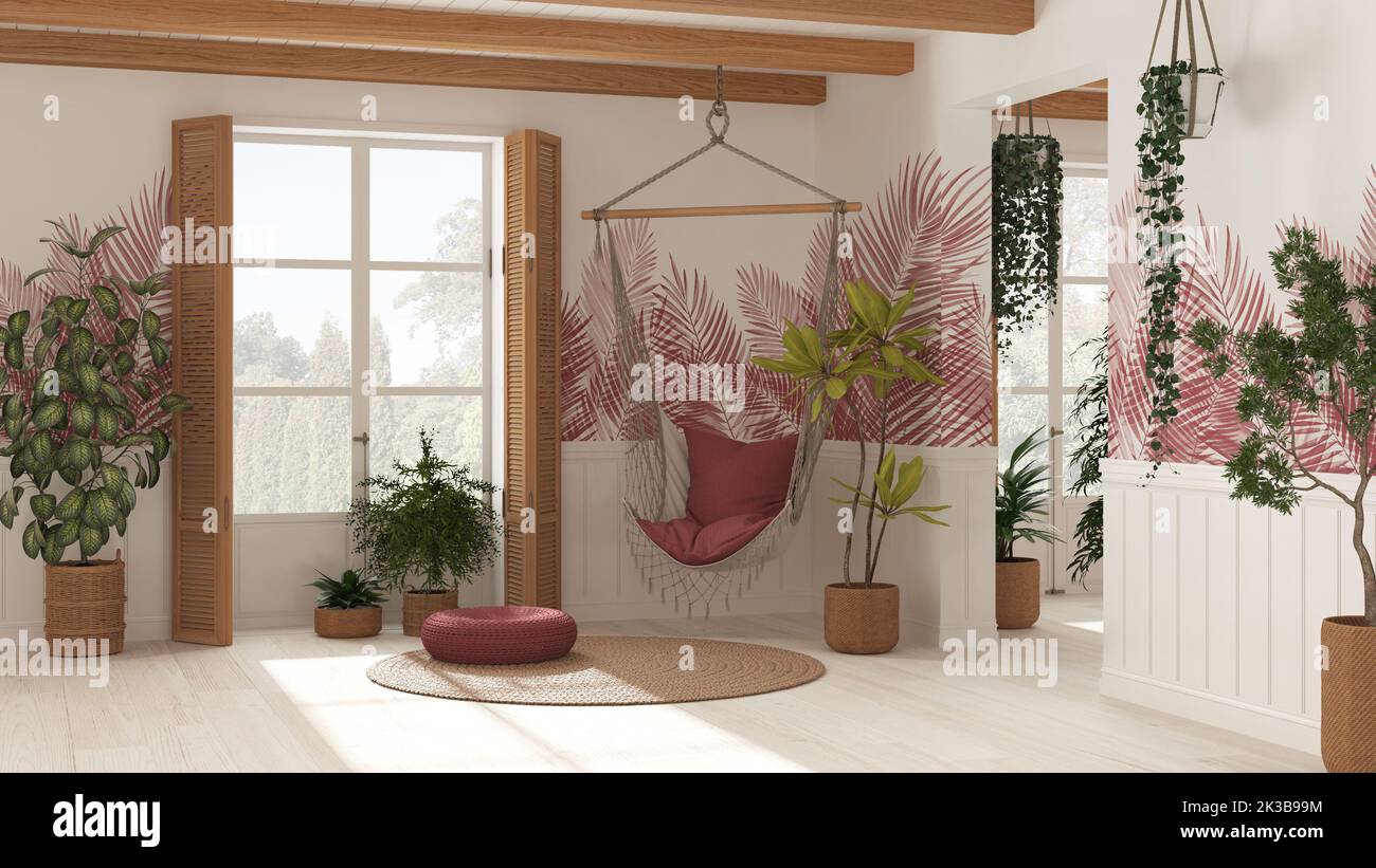 Farmhouse living room in Boho style, white and red tones, potted plants ...