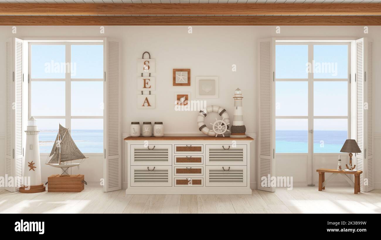 Marine style, living room with wooden and rattan chest of drawers in ...
