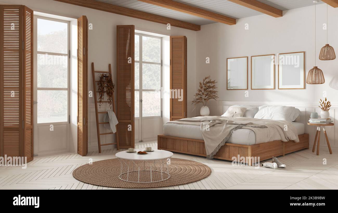 Wooden country bedroom in white tones. Mater bed with blanket. Windows ...