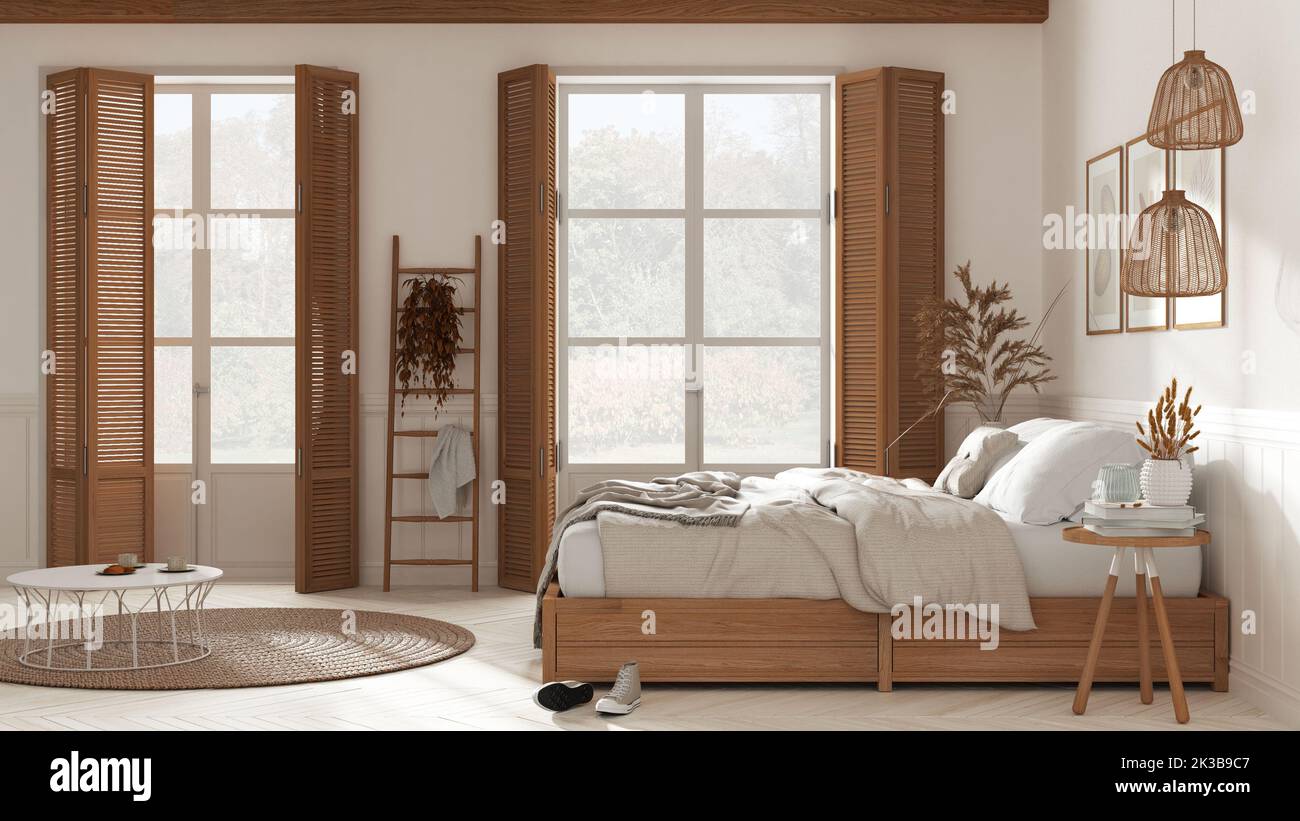 Wooden modern farmhouse bedroom in white tones. Double bed with ...