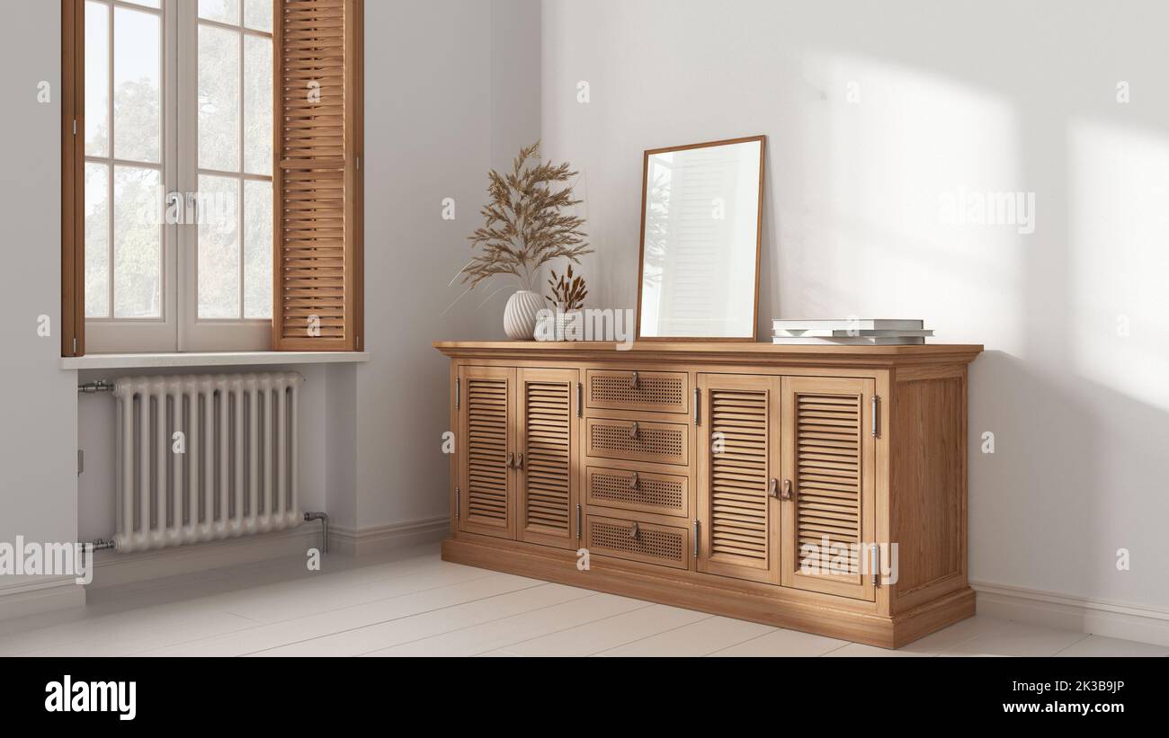 Retro living room with white painted wooden floor and walls. Rattan ...