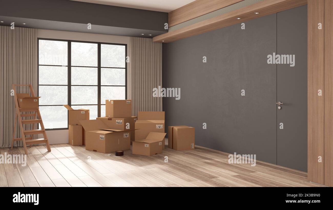 Cardboard carton boxes stack in modern empty room, wooden step ladder ...