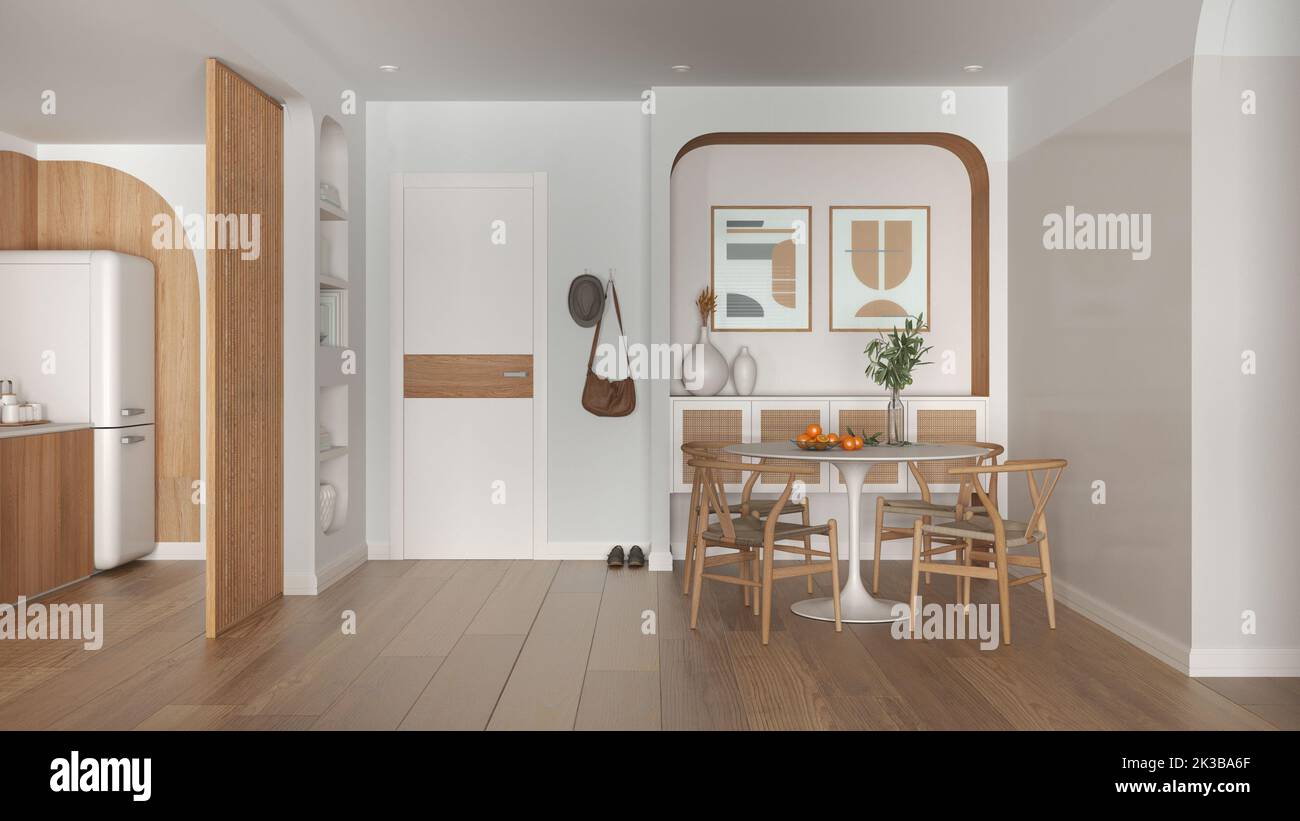 Contemporary dining room and kitchen in white and wooden tones, round ...