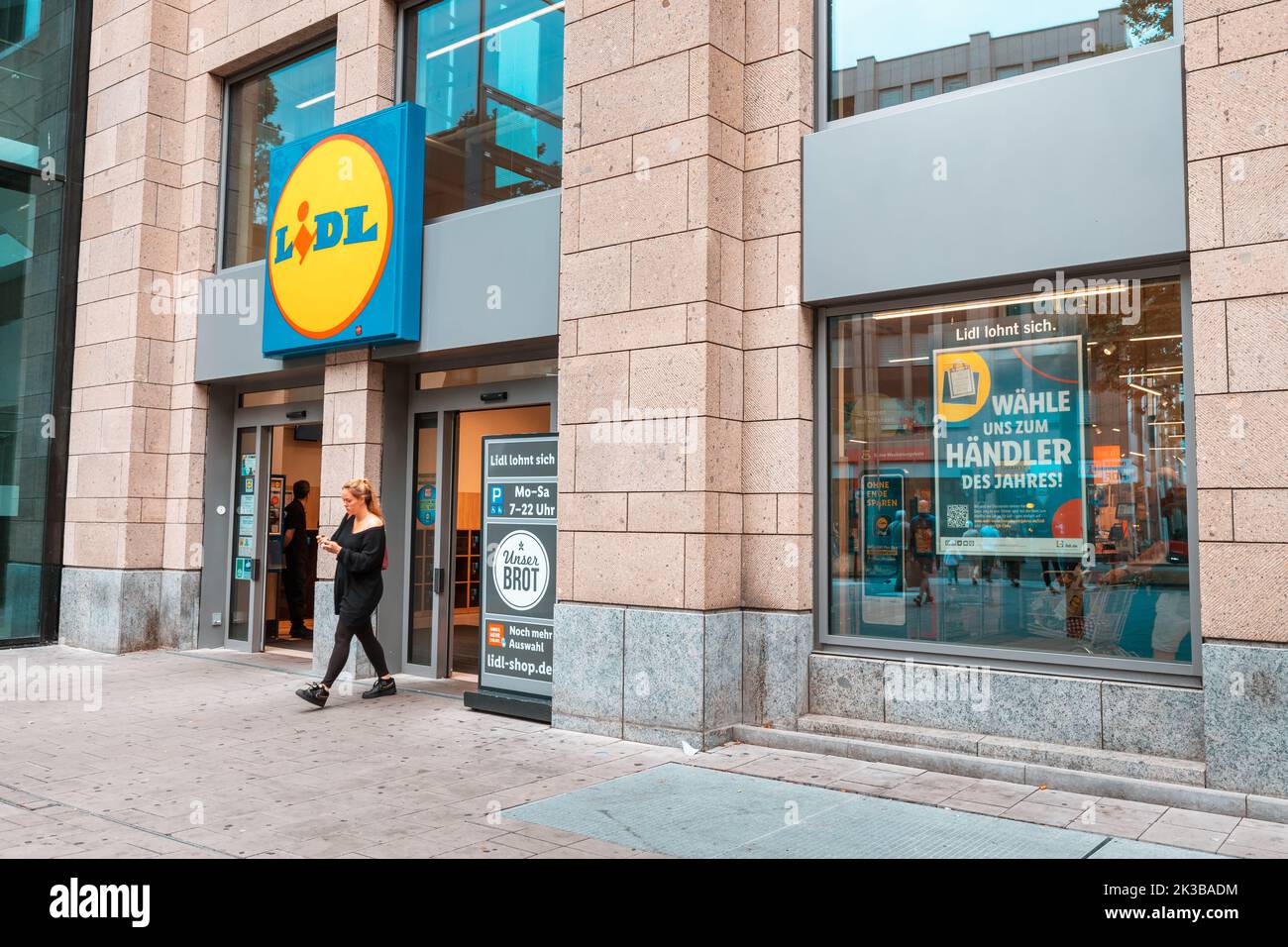 22 July 2022, Dusseldorf, Germany: Entrance to the Lidl popular chain ...