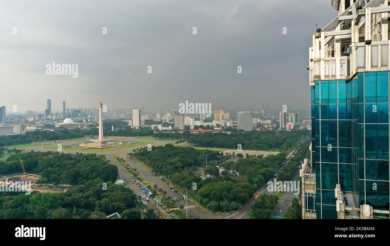 Aerial view of Tugu Monas Monumen Nasional or National Monument. Cloudy ...