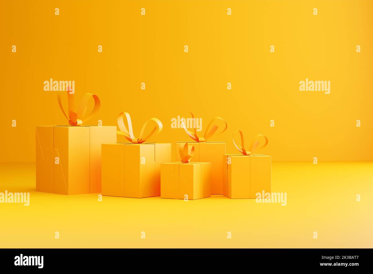 Variety of yellow gift boxes with ribbon on yellow background with copy ...