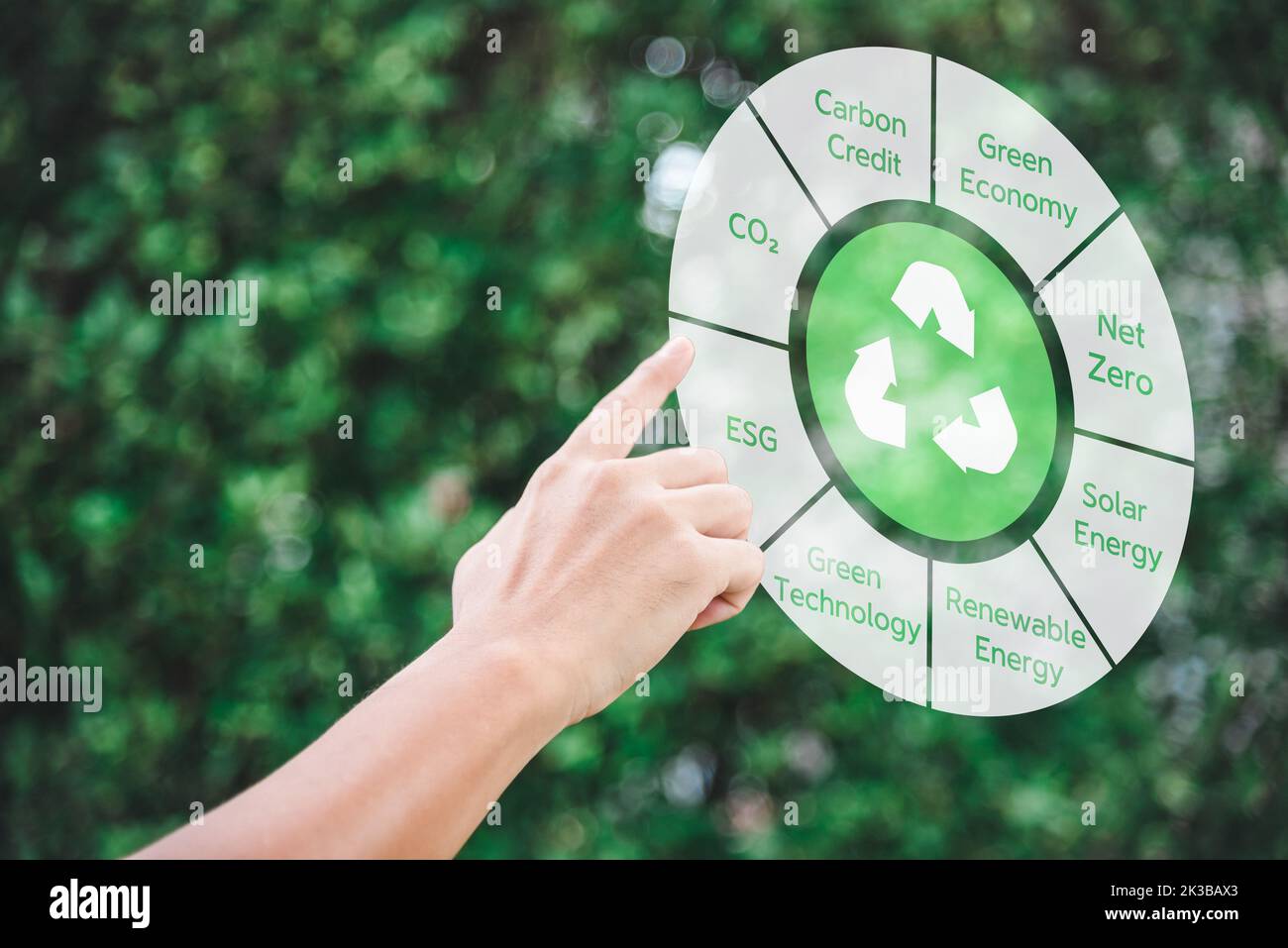 Hand touch icon recycle green energy carbon credit net zero esg co2 ...