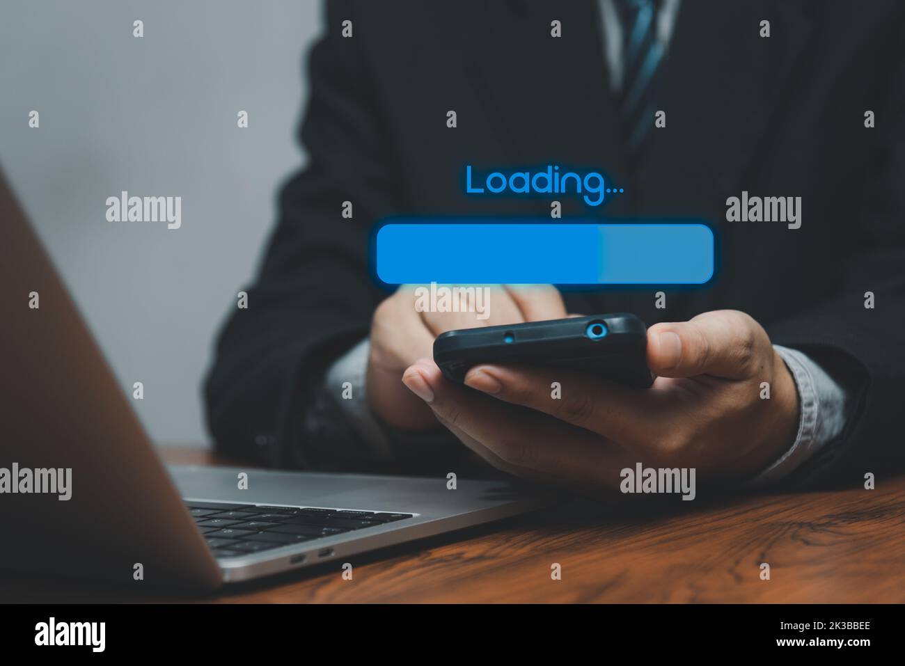 Man holding smart phone virtual screen loading digital internet online ...