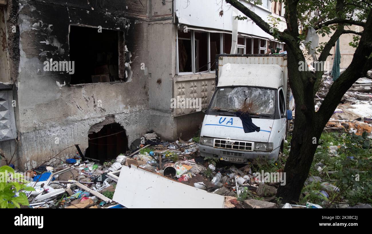 An apartment building sits destroyed in Kharkiv, Ukraine. Kharkiv has ...