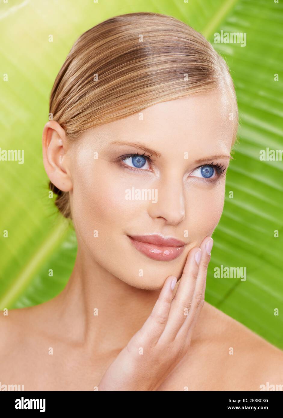 Natural beauty. A beautiful young woman touching her face with a green ... Natural beauty. A beautiful young woman touching her face with a green ...