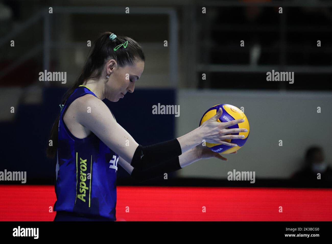 ISTANBUL, TURKEY - FEBRUARY 20, 2022: Eda Erdem Dundar serves during ...