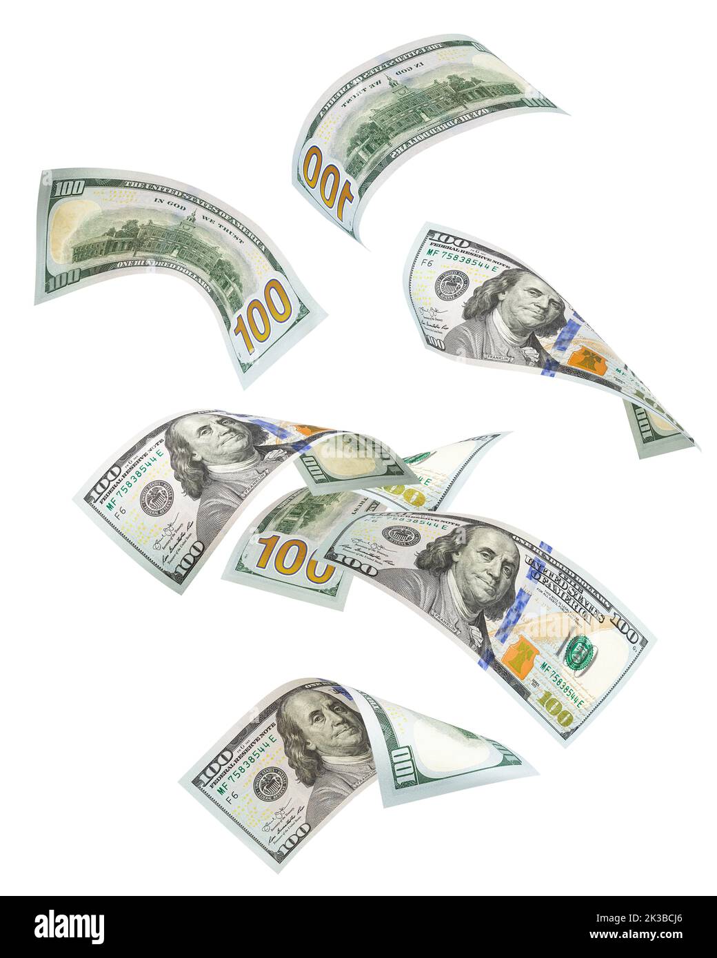 Falling American dollars, isolated on white background, clipping path ...