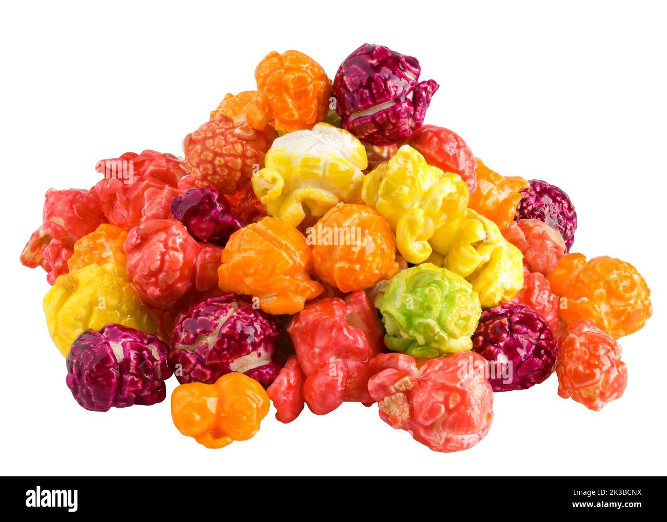Colored fruity popcorn isolated on white background, clipping path ...