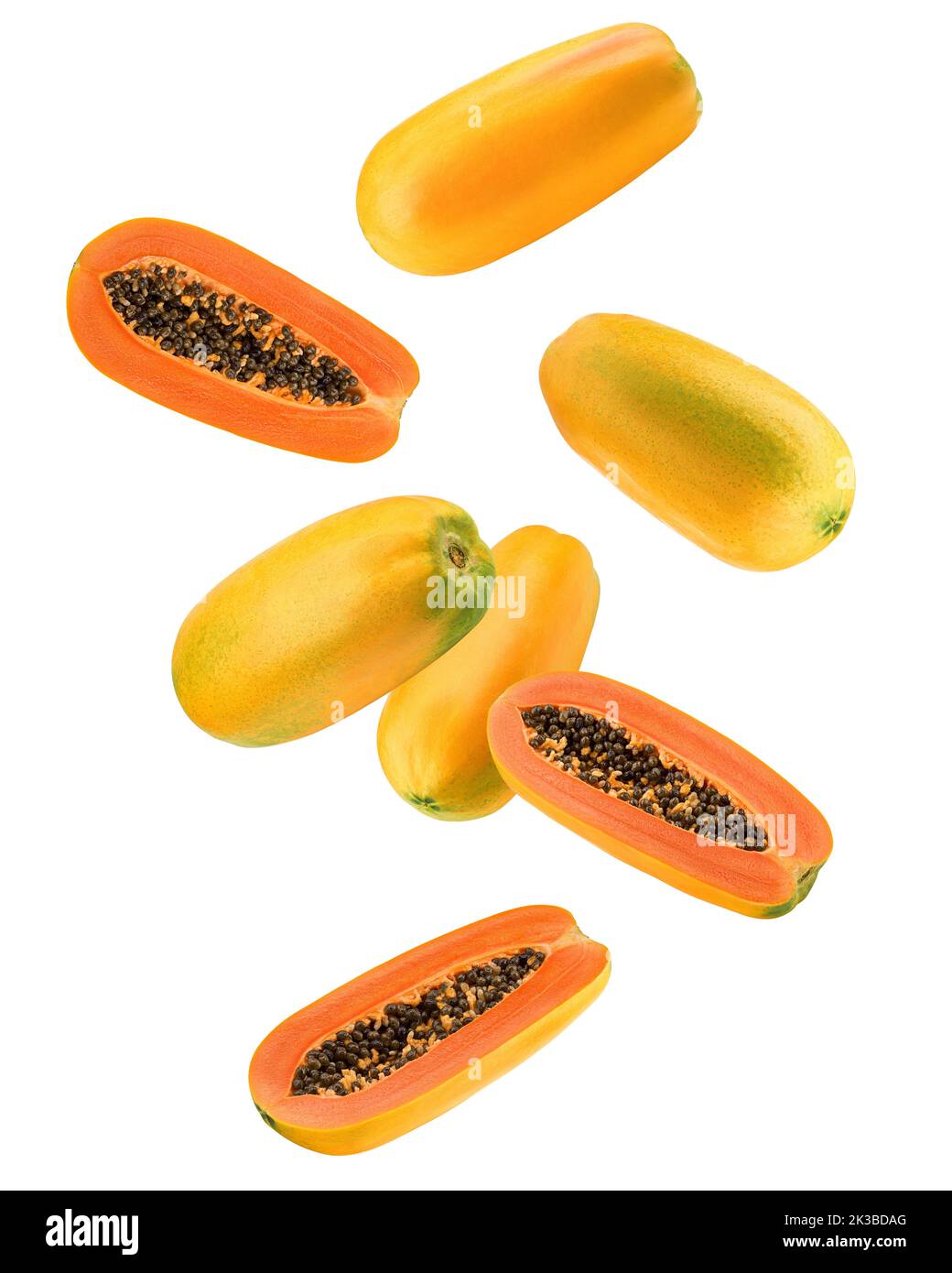 Falling papaya isolated on white background, clipping path, full depth ...