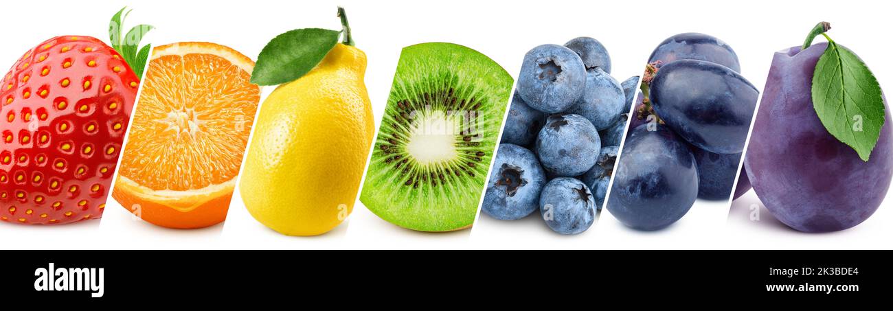 Collage of fresh color fruits, healthy food concept Stock Photo - Alamy