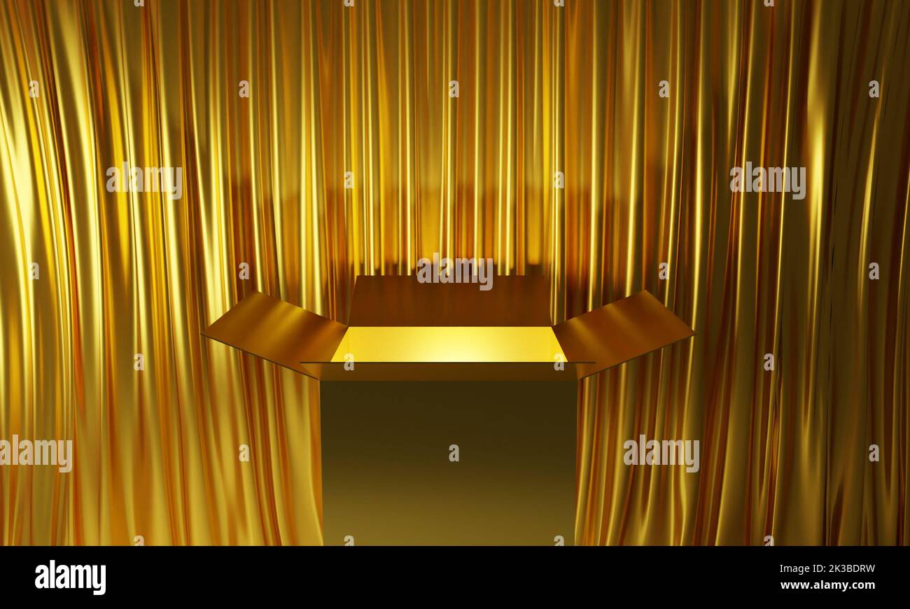 gold box on gold curtain background.3d rendering Stock Photo - Alamy