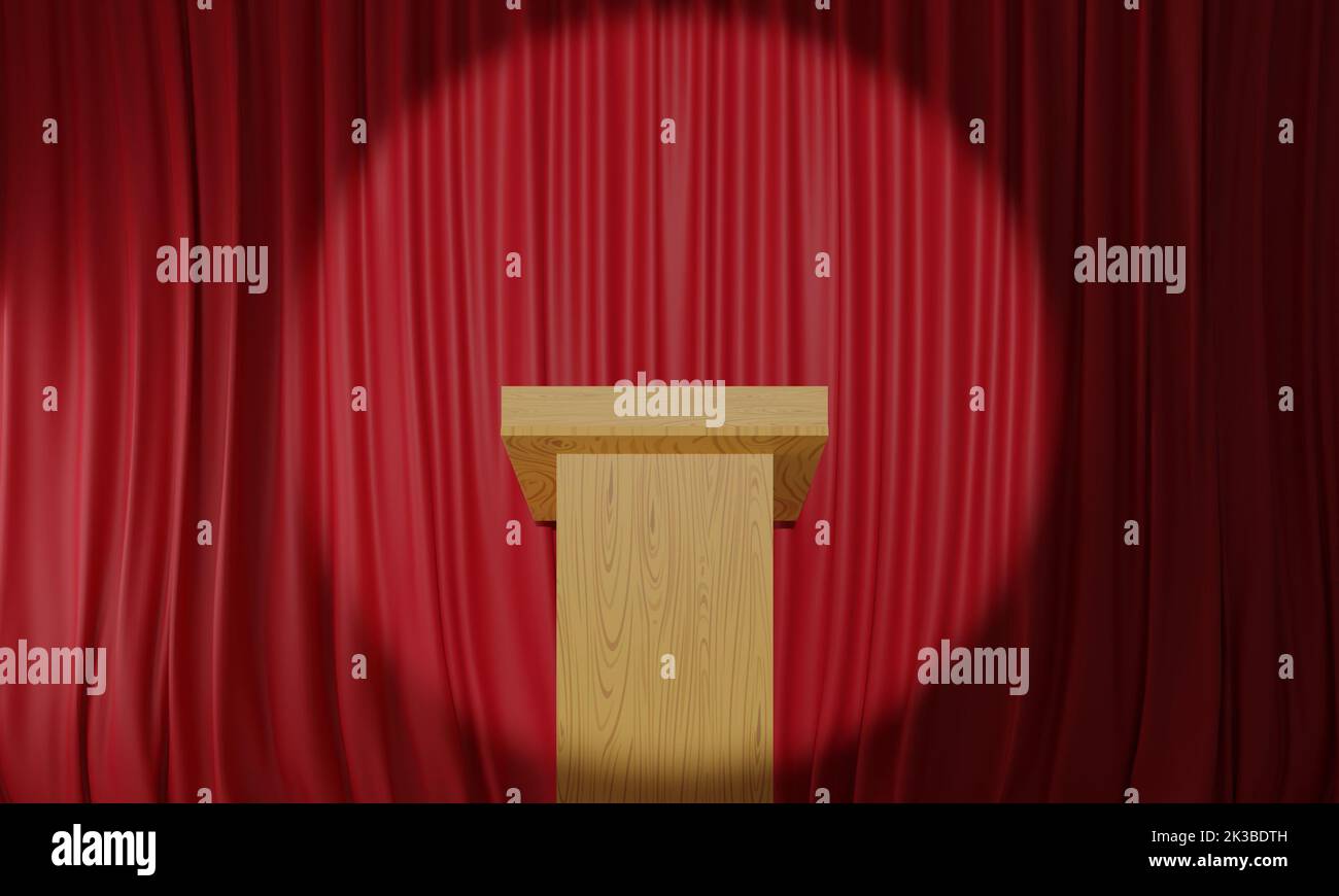 wood announcement podium and red curtain on the wooden stage.3d ...