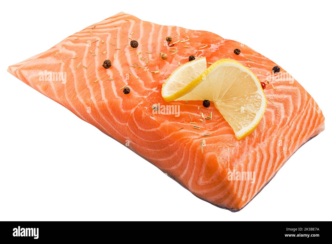 Raw salmon with lemon and pepper, fish isolated on white background ...