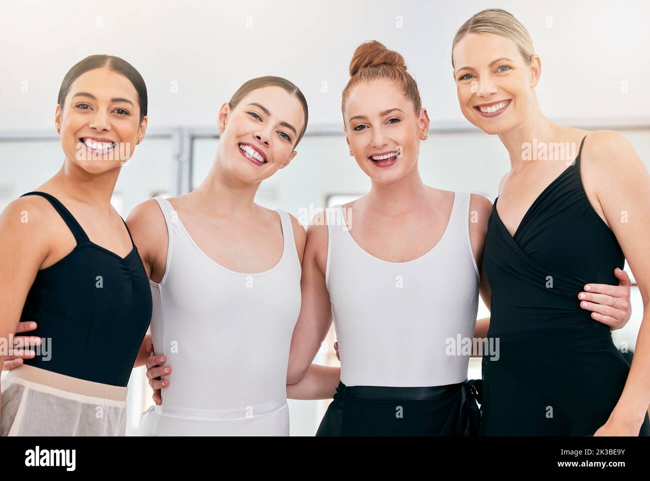 Ballet women, team support and fitness motivation portrait happy with ...