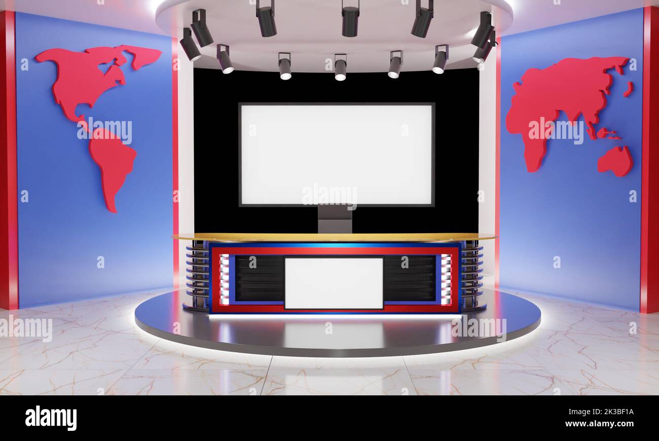 white table and lcd background in a news studio room.3d rendering Stock ...