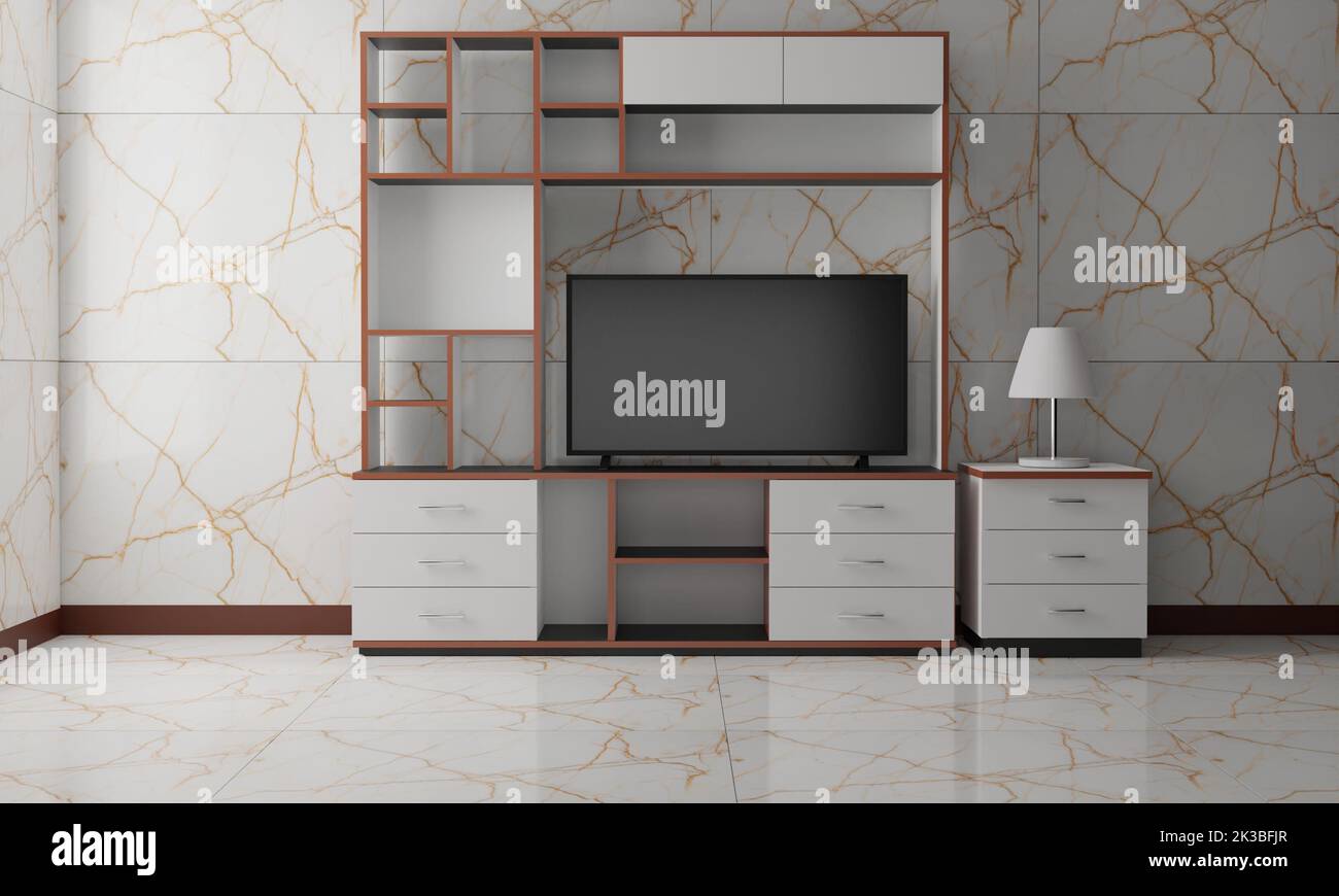 lcd tv on showcase and cabinet in the livingroom.3d rendering Stock ...