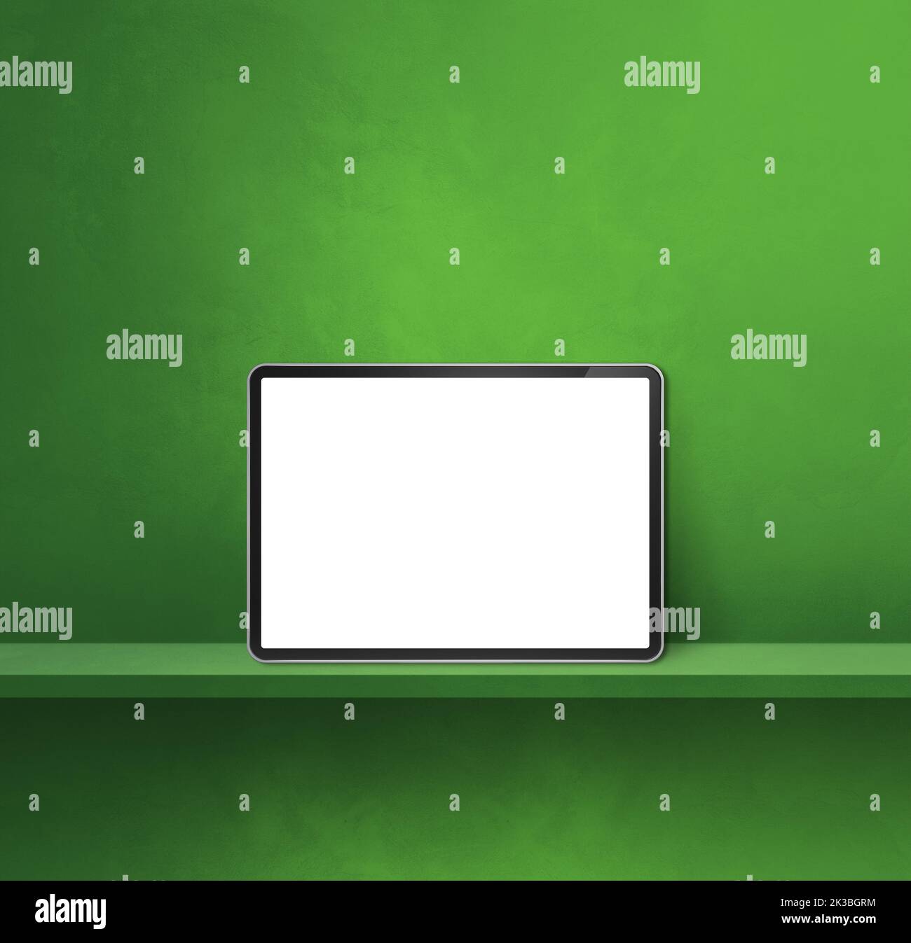 Digital tablet pc on green wall shelf. Square background banner. 3D ...