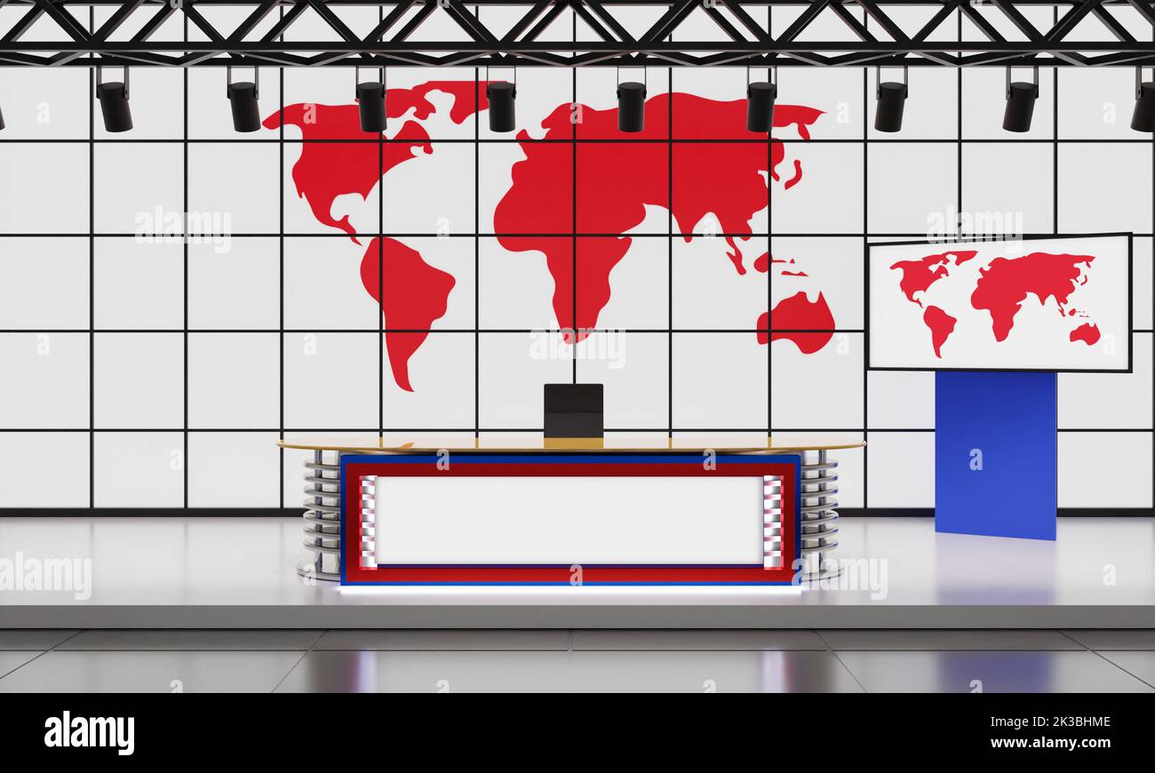 wood table and lcd background in a news studio room.3d rendering Stock ...