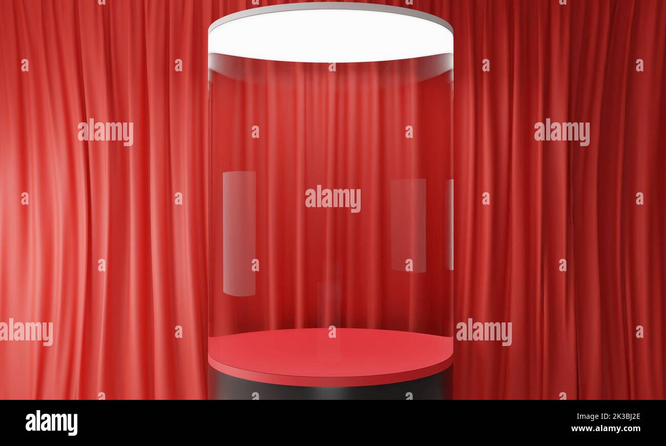 glass podium with red curtain studio room.3d rendering Stock Photo - Alamy