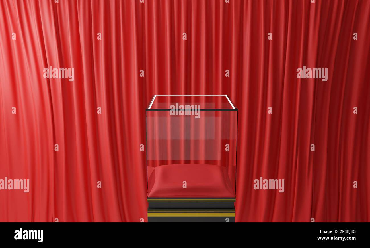 glass podium with red curtain studio room.3d rendering Stock Photo - Alamy