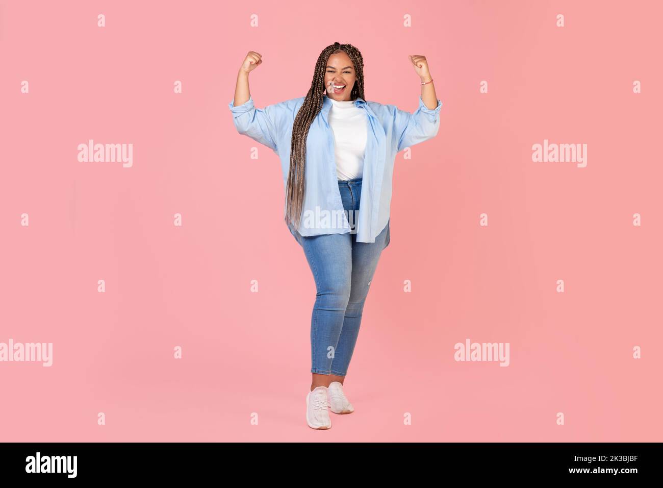 Cheerful Overweight African Lady Showing Biceps Posing Over Pink ...