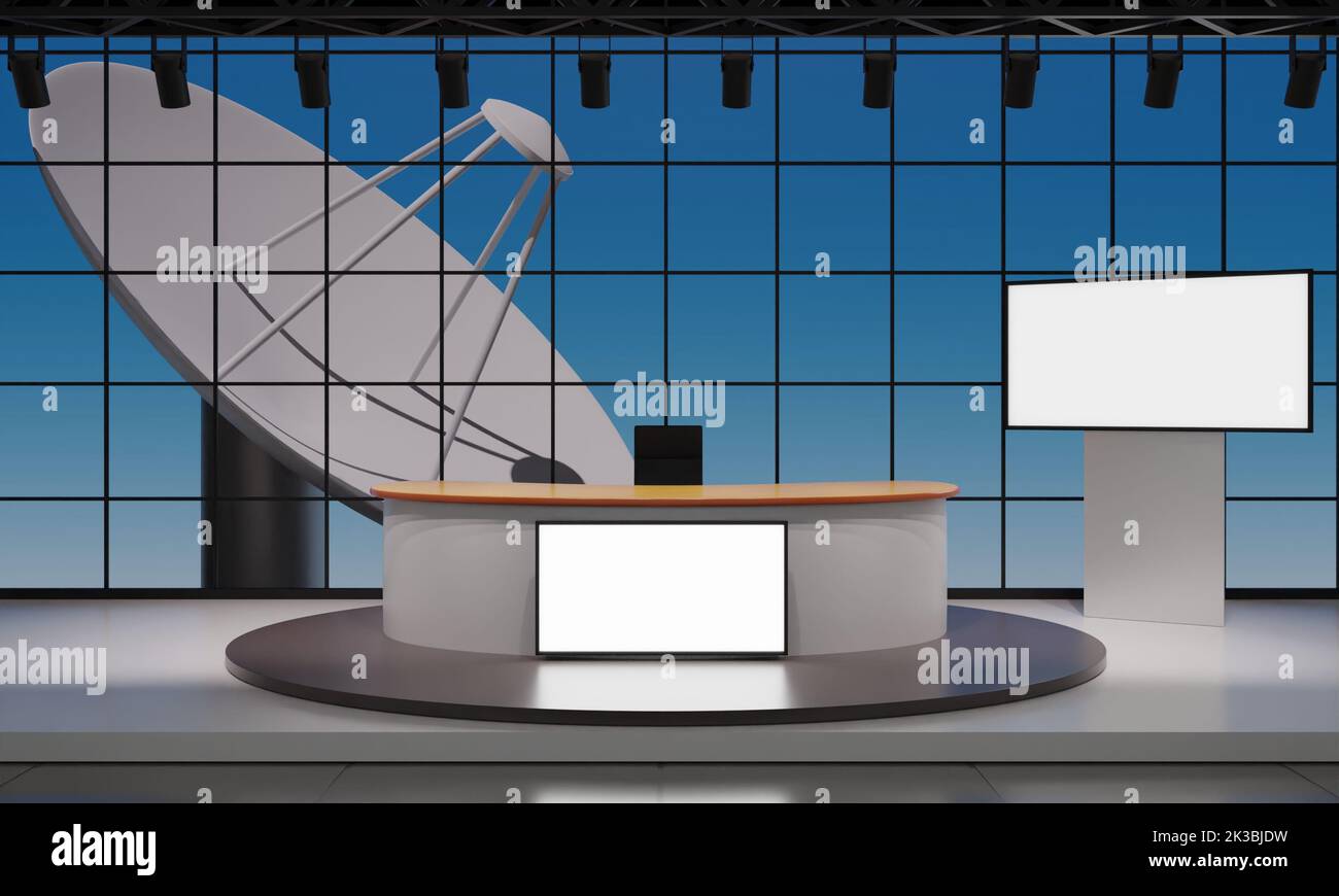 wood table and lcd background in a news studio room.3d rendering Stock ...