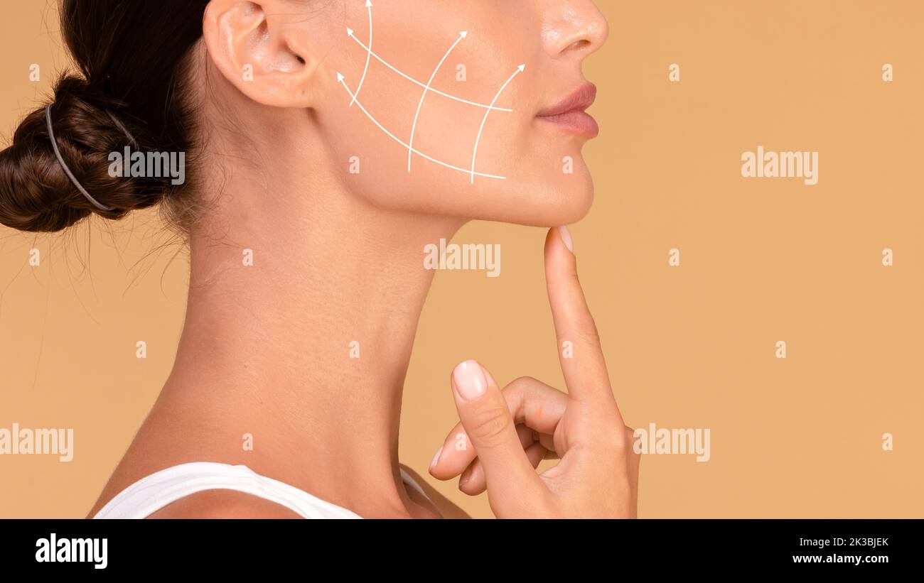 Lady touching chin, lifting arrows showing facial anti-aging treatment ...