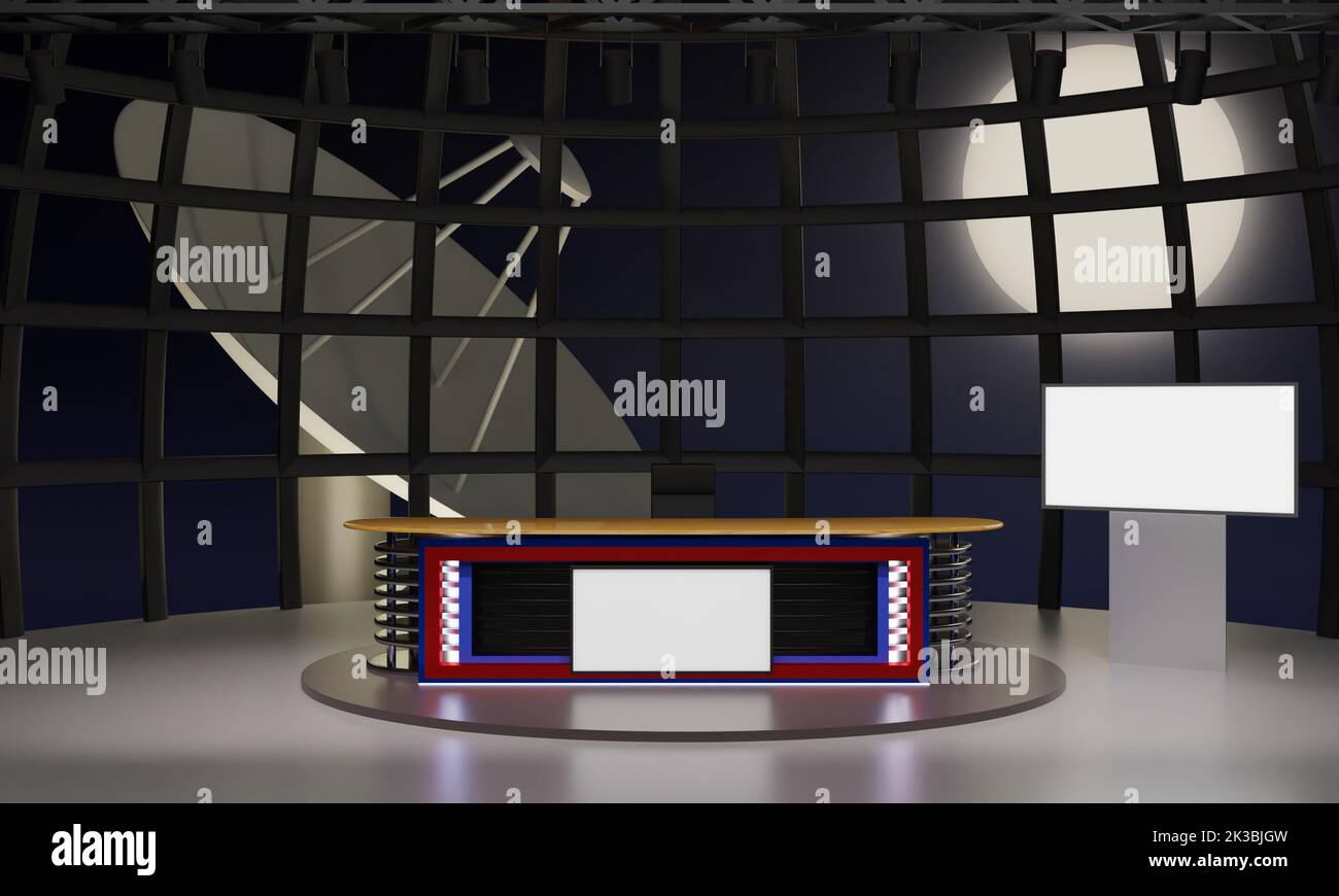 wood table and lcd background in a news studio room.3d rendering Stock ...