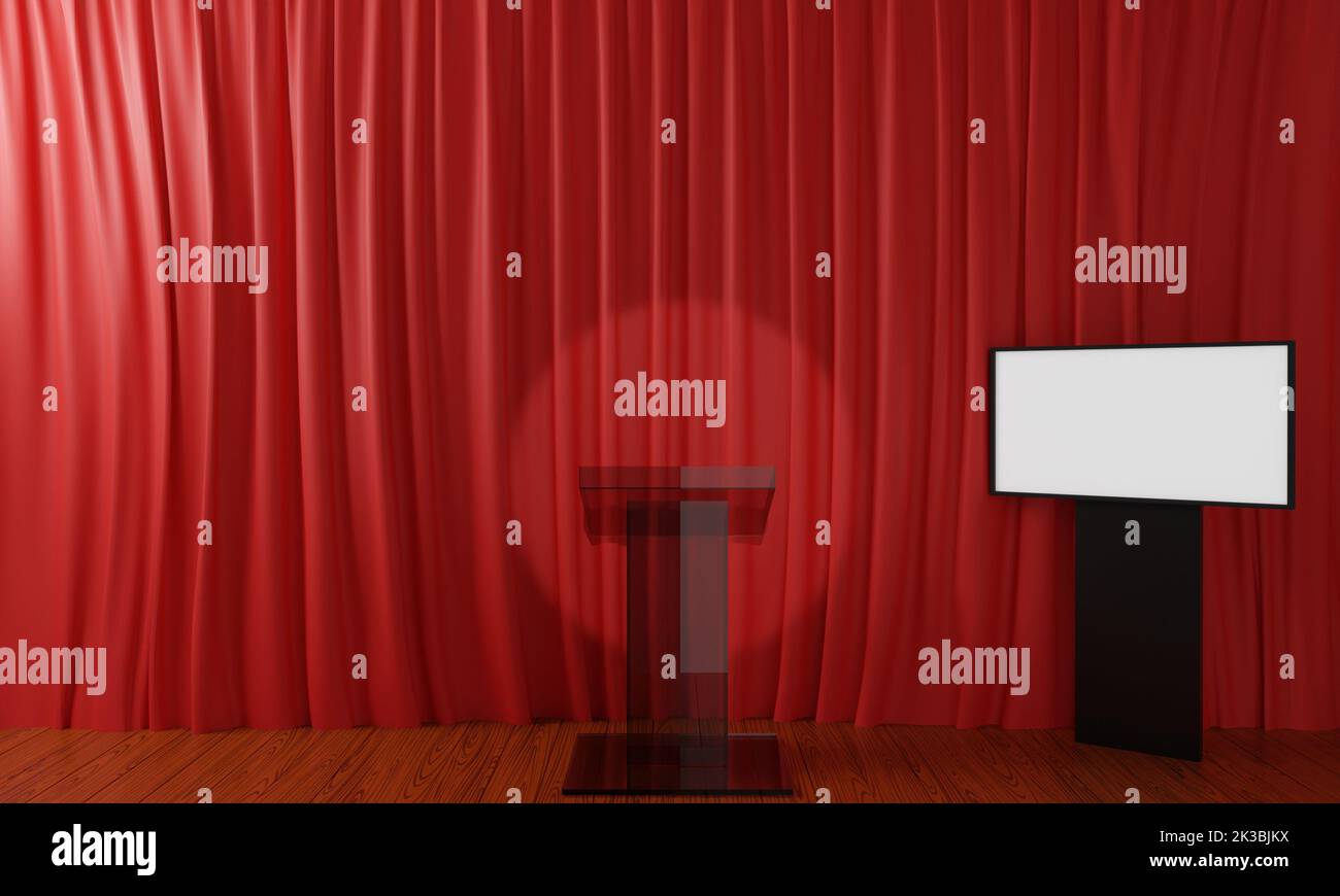 glass announcement podium and red curtain on the wooden stage.3d ...