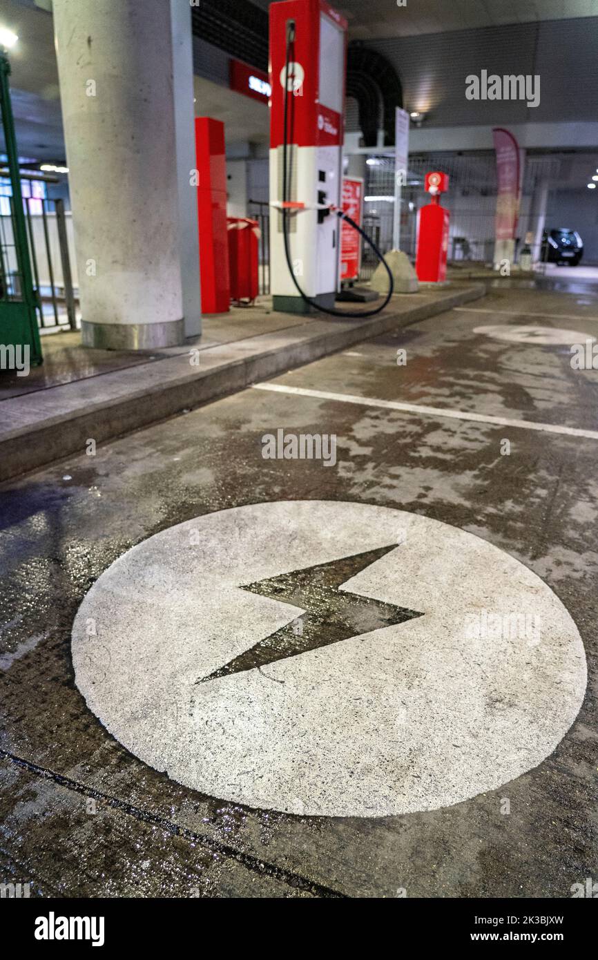 Oslo 20220923.Charging point for electric cars. Sign painted on the ...
