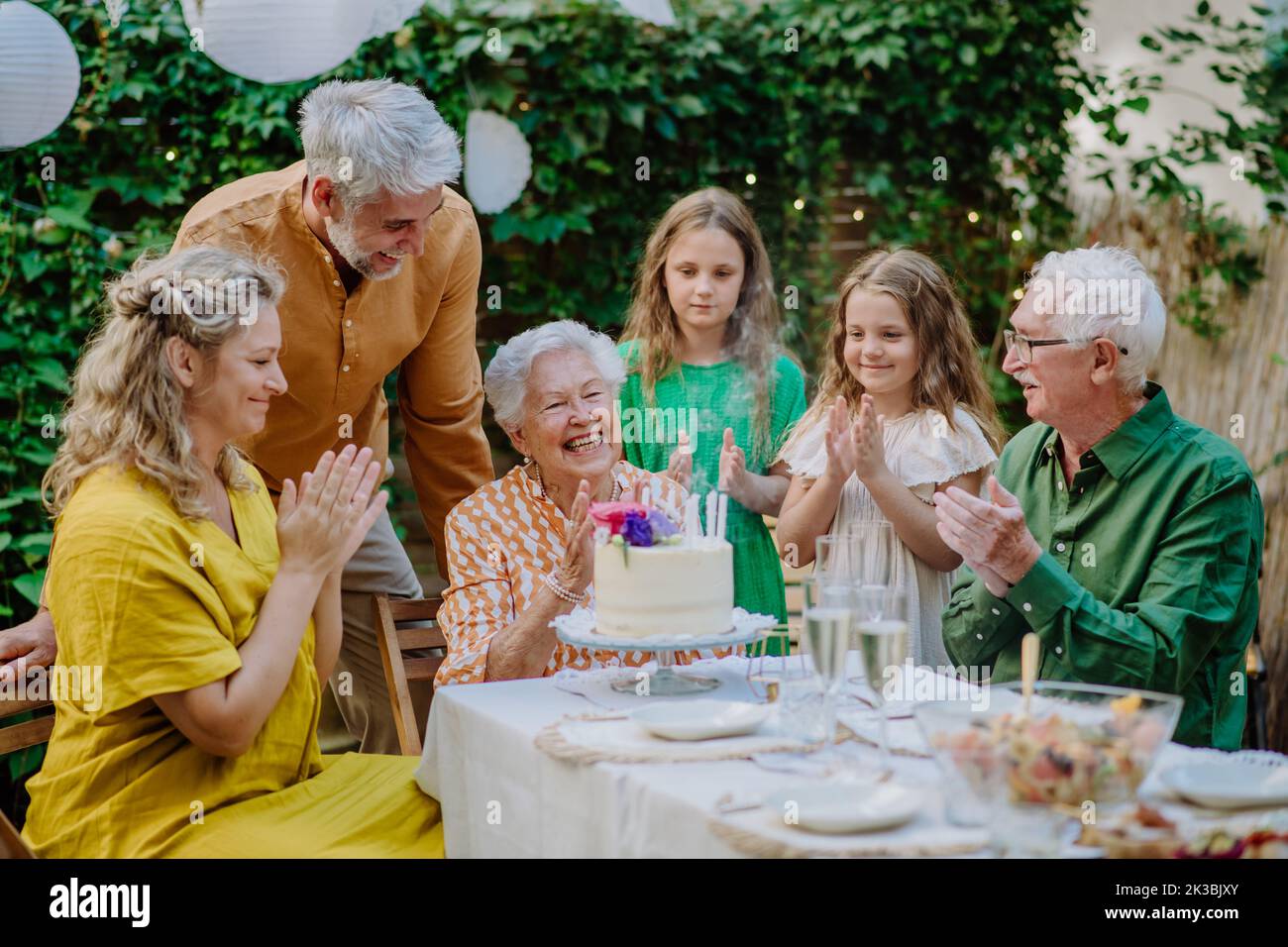 Multi-generation family on outdoor summer garden party, celebrating ...