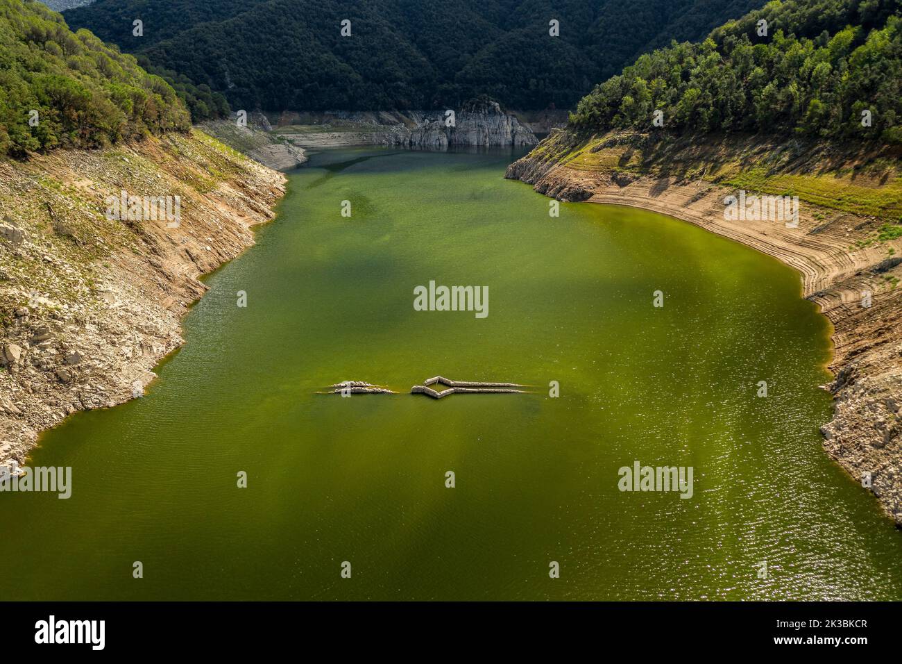 Aerial view of the Susqueda reservoir in the Sant Martí de Querós area ...