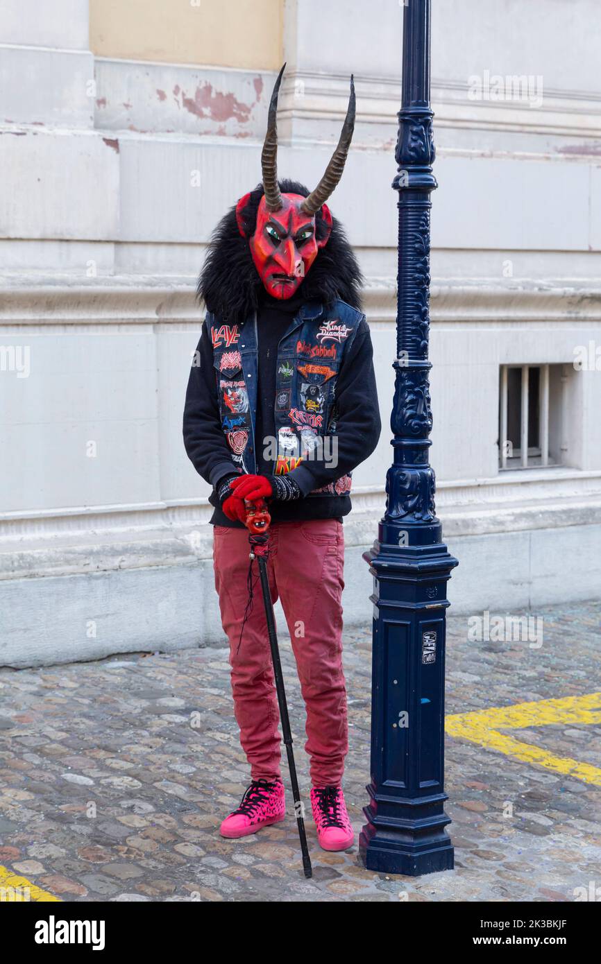 Switzerland, Basel, 7 March 2022. Single carnival participant wearing a ...