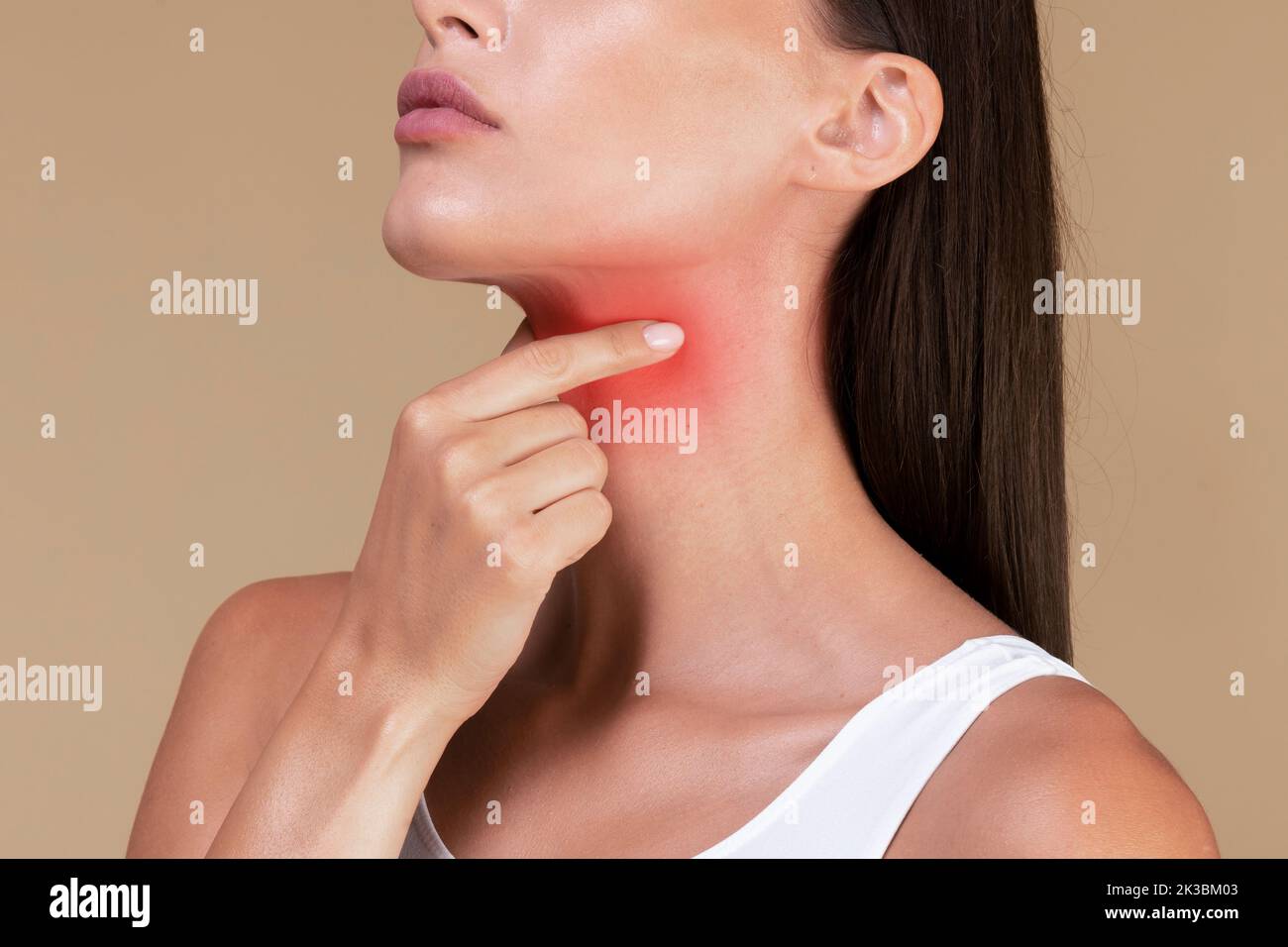 Closeup of unrecognizable sick lady suffering from sore throat ...