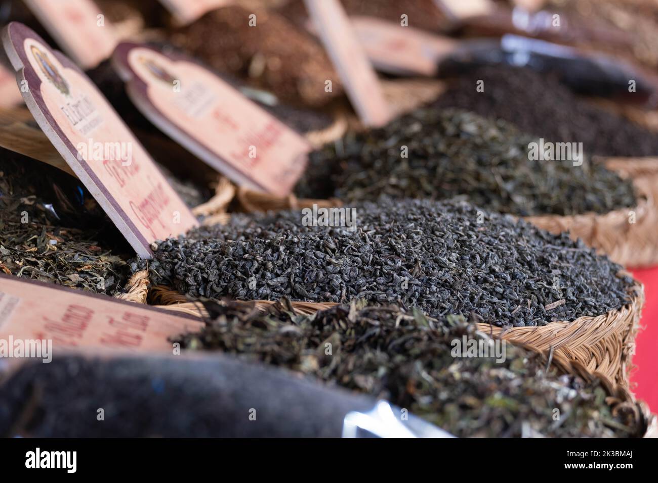 Tea stand in a medieval market. craft market Stock Photo - Alamy