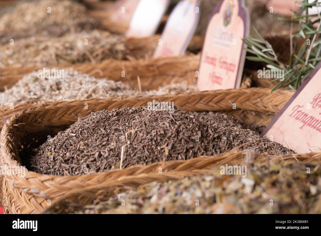 Tea stand in a medieval market. craft market Stock Photo - Alamy