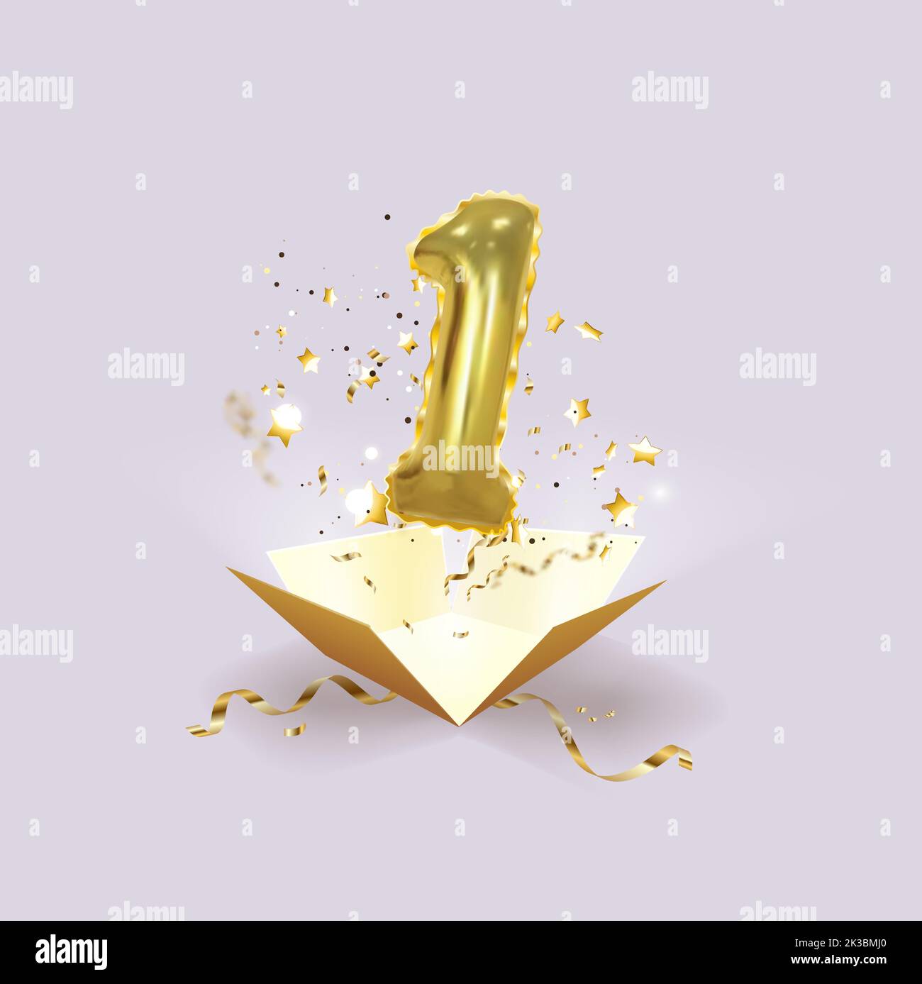 1 st year anniversary banner with open burst gift box. Template first ...