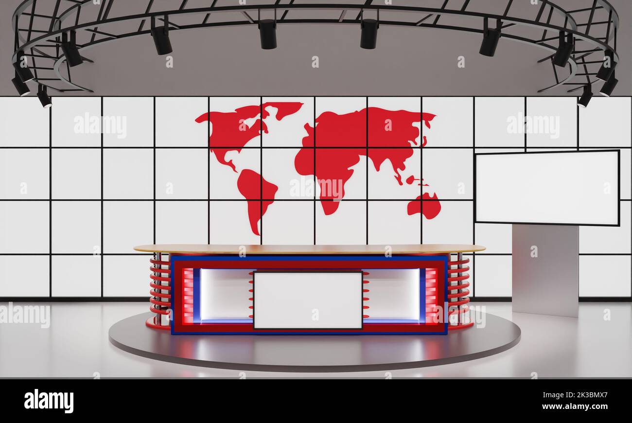 wood table and lcd background in a news studio room.3d rendering Stock ...