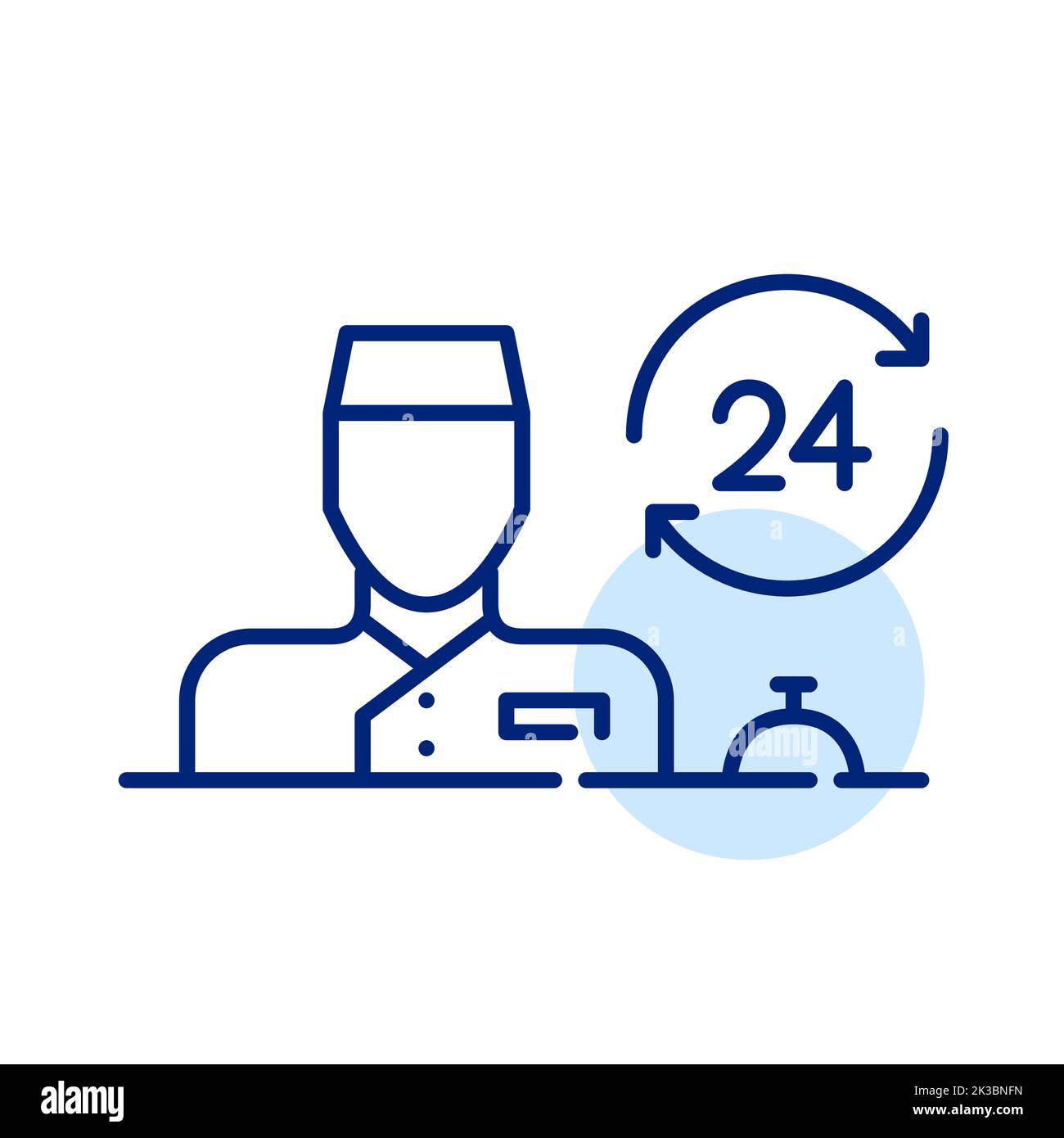 24 hour reception desk. Staff member and bell. Pixel perfect, editable ...