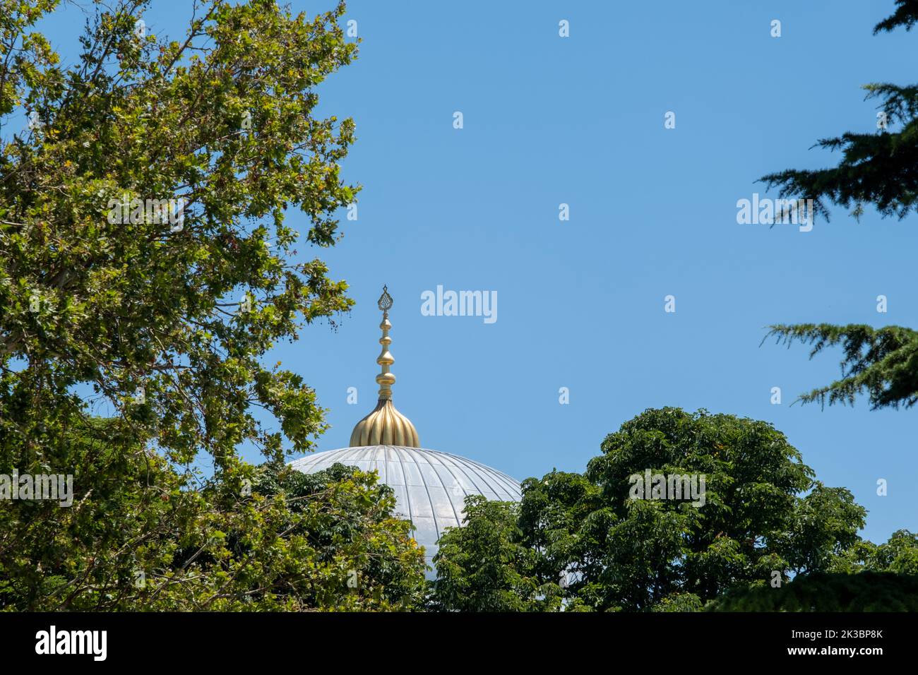 Blue Mosque close up to dome's ornamental with blue open sky, beautiful ...