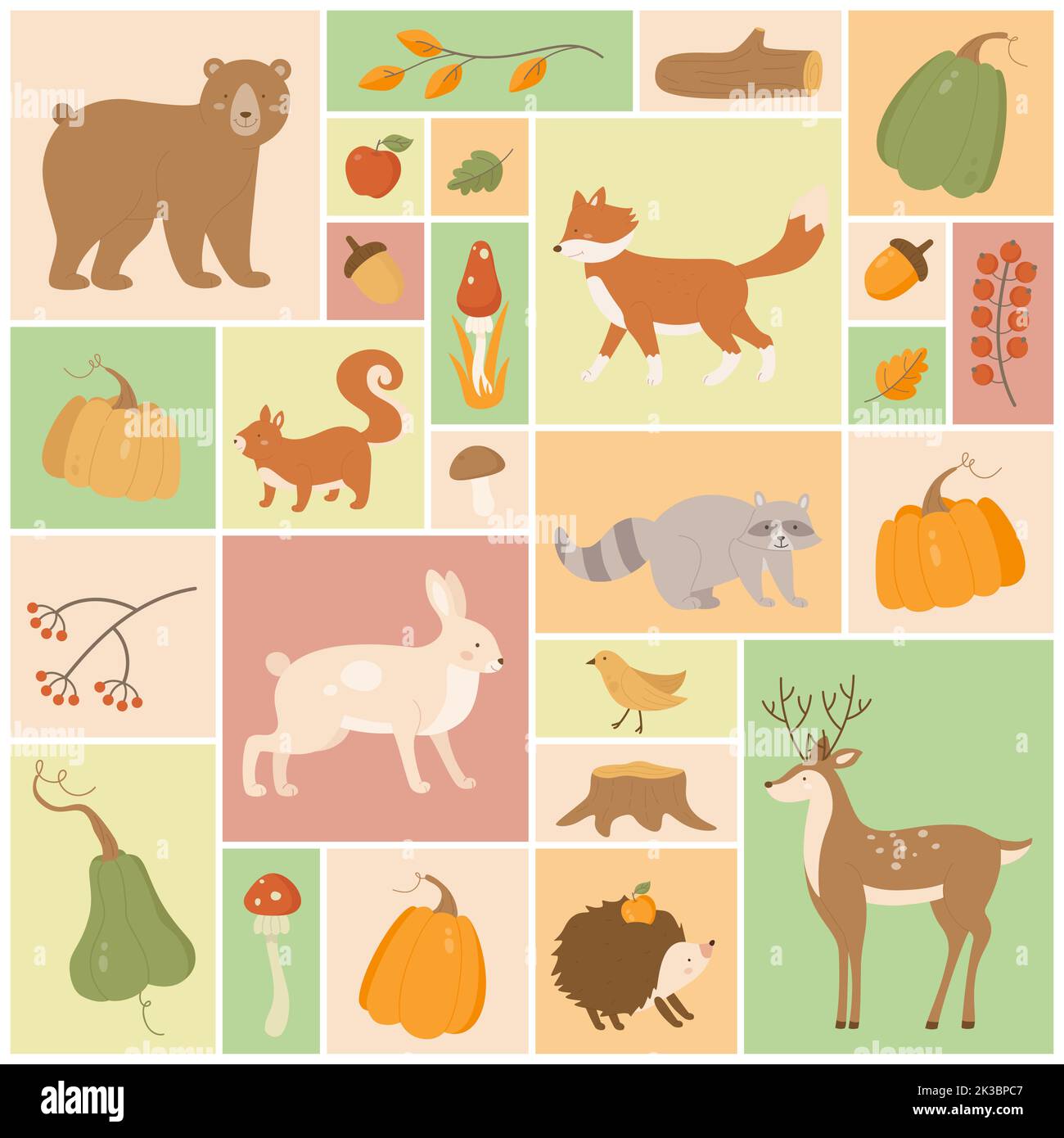 Autumn set vector illustration. Cartoon cute wild animal characters ...