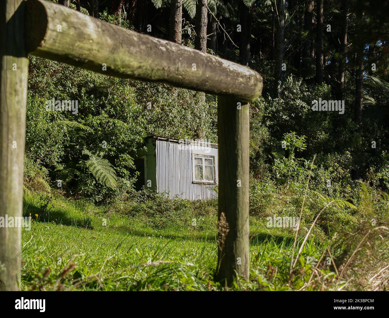 Hitching rail and old corrugated iron shed in bush from roadside Stock ...