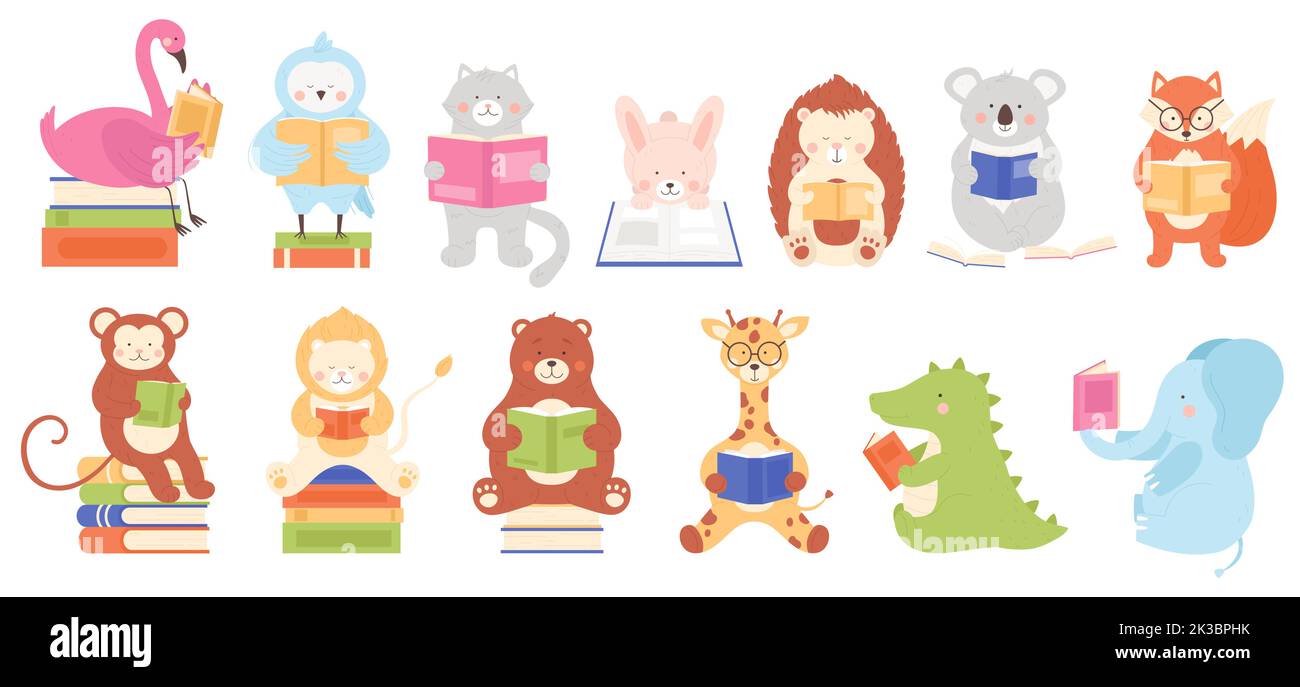 Cute animal characters read books set vector illustration. Cartoon ...
