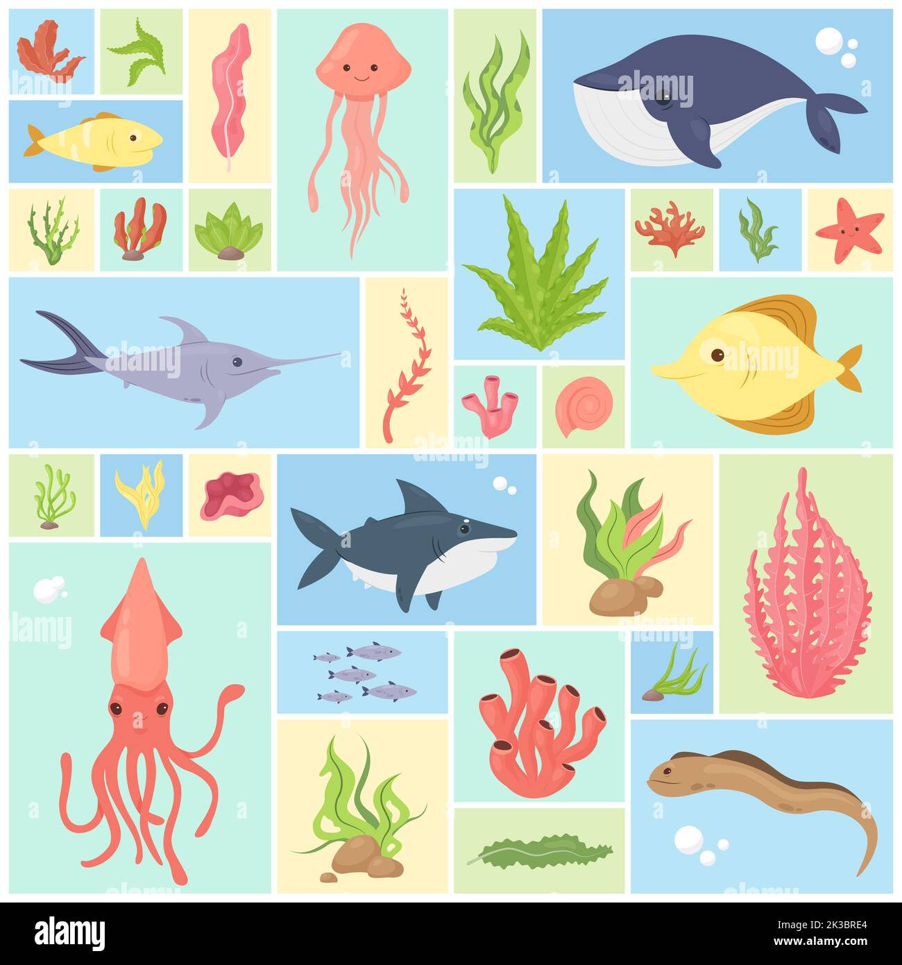 Underwater sea animals and fishes set vector illustration. Cartoon ...